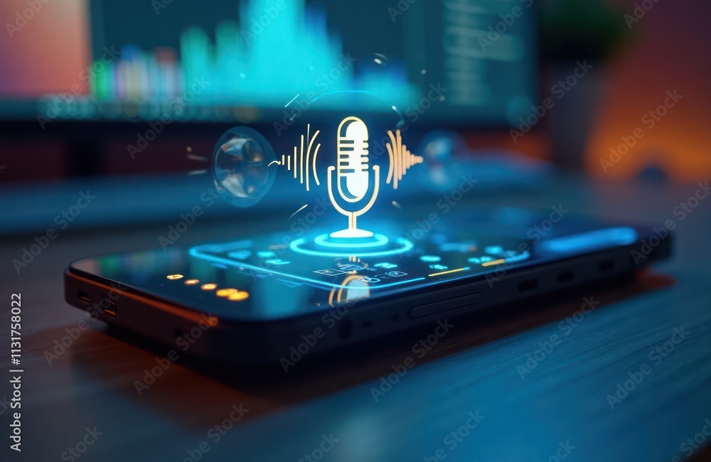 Modern smartphone displays voice support with glowing microphone icon ...