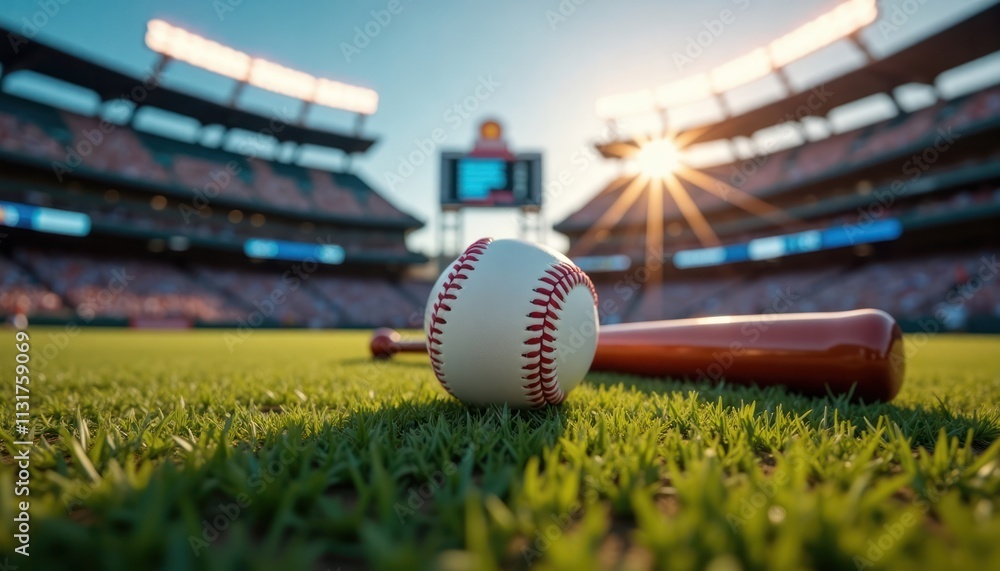 Baseball stadium scene with vibrant green field. Baseball, bat rest on ...