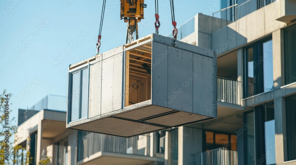 Crane lifts prefabricated concrete module for modern apartment building ...