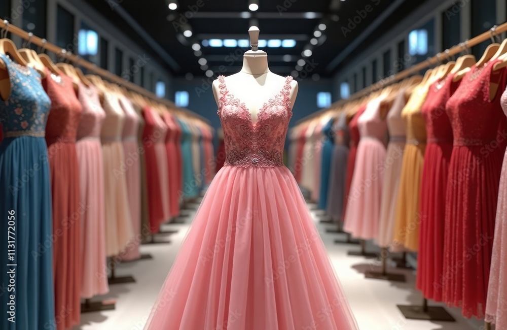 Store display various dresses. Prominent pink dress centrally ...