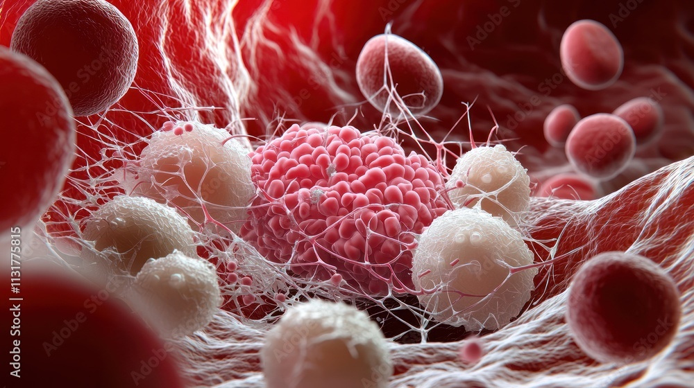 A detailed illustration of cells, showcasing red and white blood cells ...
