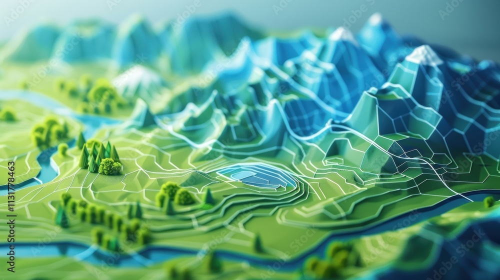 Big data is visualized as a stylized 3d map, representing topography ...