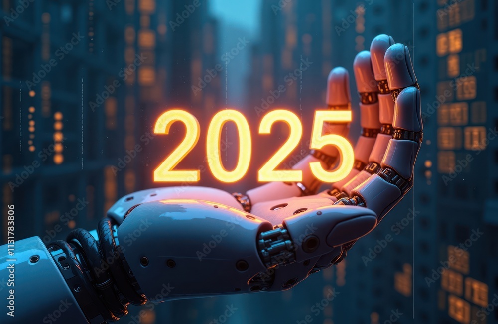 Futuristic robot hand holds glowing 2025 number. Binary code surrounds ...