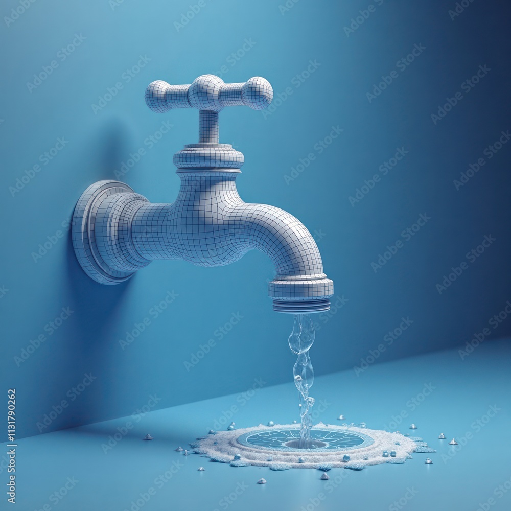Water tap flows with wireframe design. Water gushes into circular hole ...