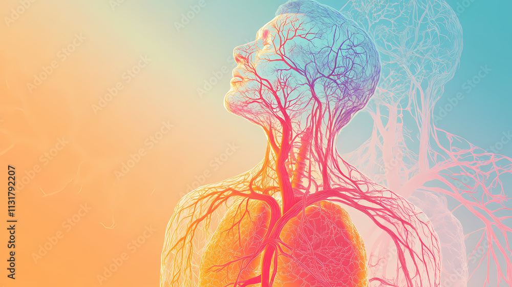 Labeled chart of the cardiovascular system featuring orange and sky ...
