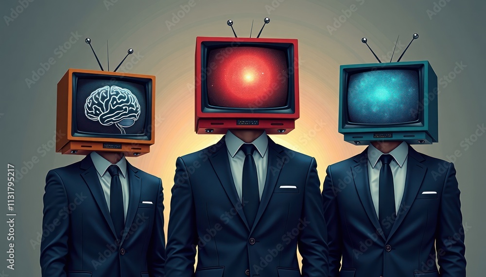 Three men in suits wear TV sets as heads. Media influence, brainwashing ...