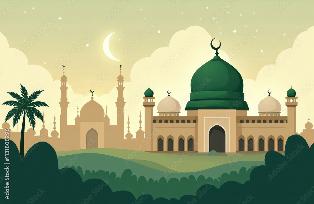 Mosque poster shows a beautiful mosque with green dome. Islamic ...