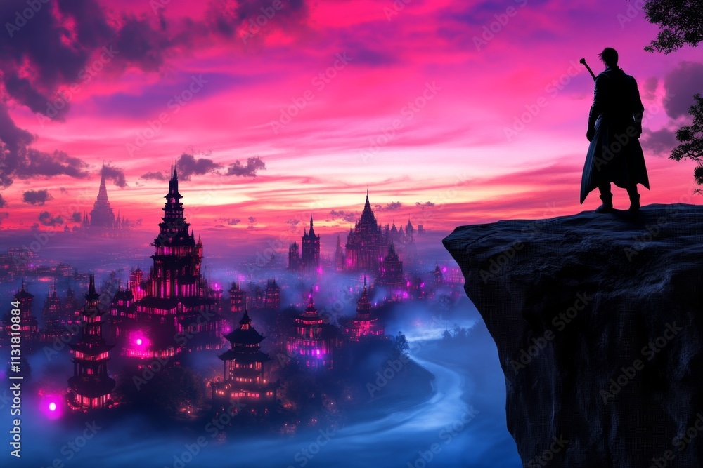 A pixel art depiction of a hero standing on a cliff, looking over a ...