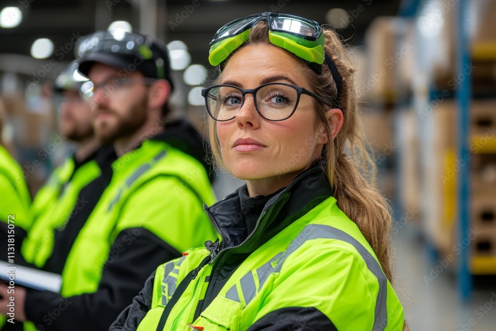 Employees conducting a safety drill in a factory, wearing appropriate ...
