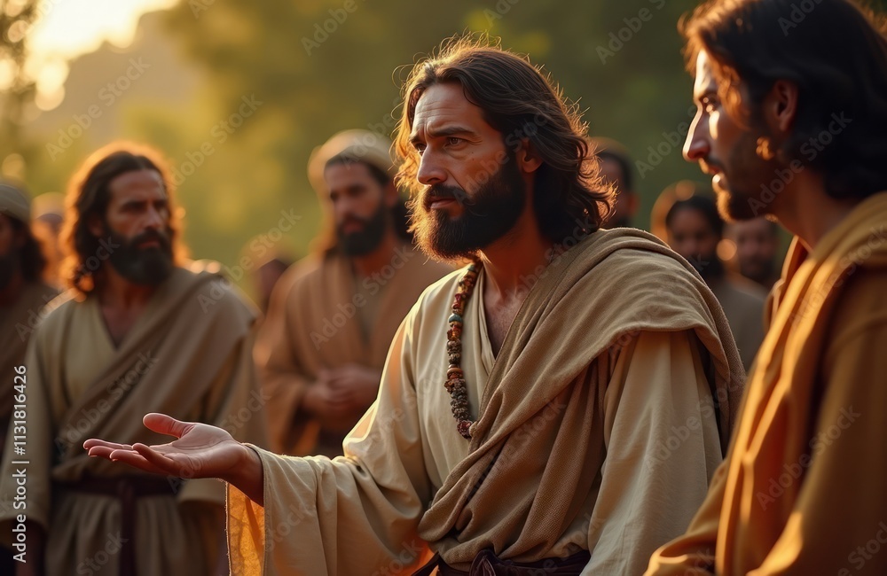 Jesus speaks to disciples in Gethsemane garden. Religious scene shows ...