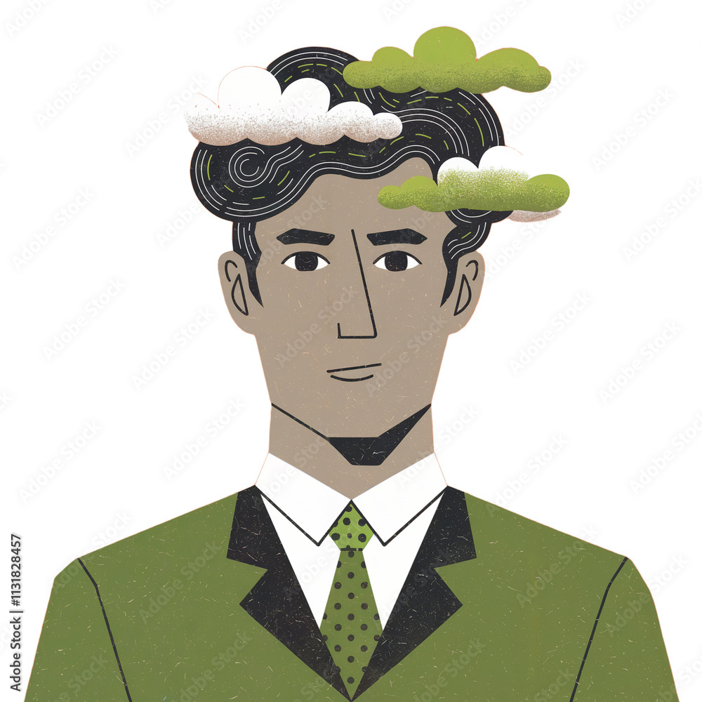 Man in green suit with head in the clouds illustration unsure worry and ...