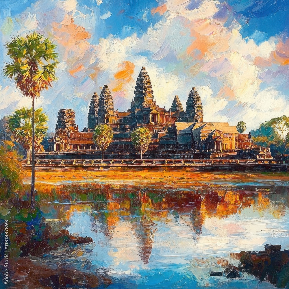 Impasto painting. Overview landscape of Angkor Wat- Siem Reap- Cambodia ...