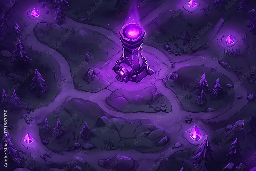 Dark fantasy tower map with purple glowing lights and winding path ...