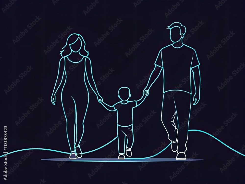 Low Light Line Art Animation: Family Hand-in-Hand Walk, Single Line ...
