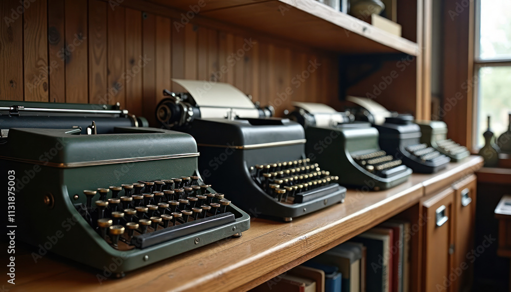 Vintage typewriters displayed neatly on wooden shelf. Antique office ...