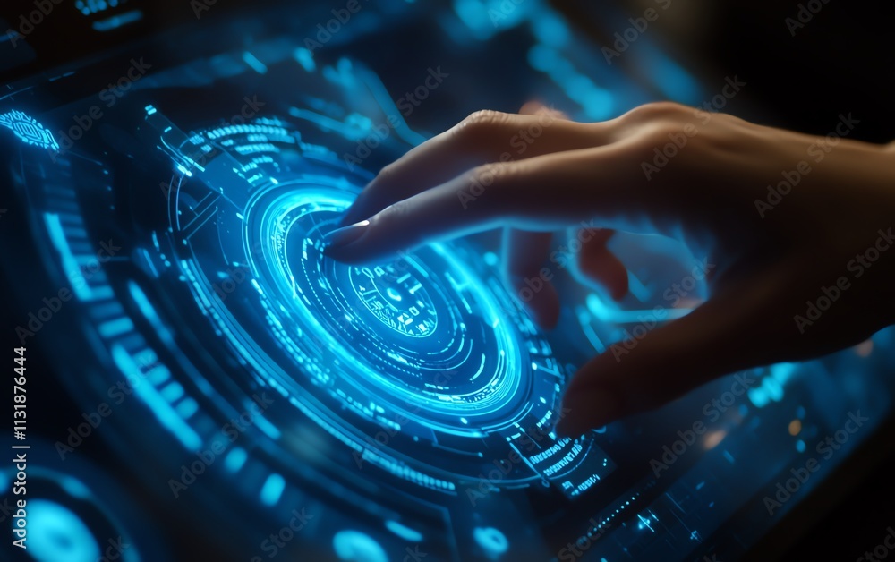 Closeup of a female doctor s hand pointing at a glowing blue medical ...