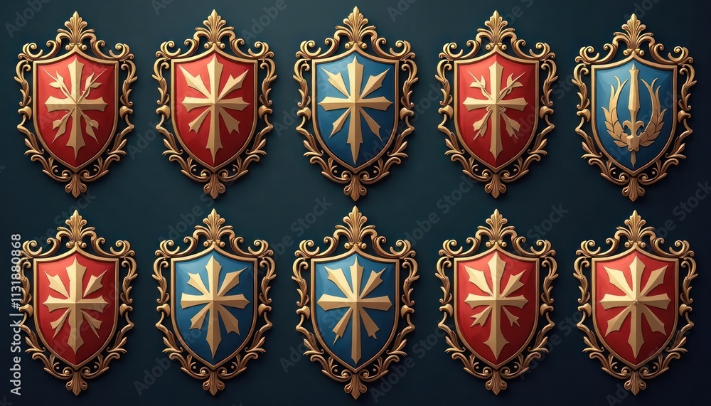 Elegant heraldic shields crests, badges in various shapes, styles ...
