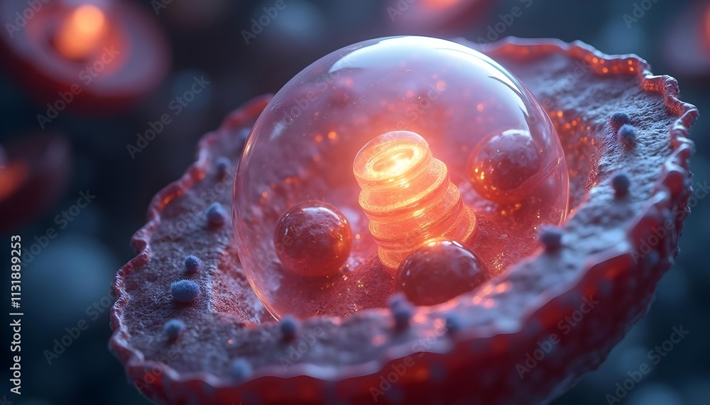 A 3D model of human cells, indicating complex structures and organelles ...