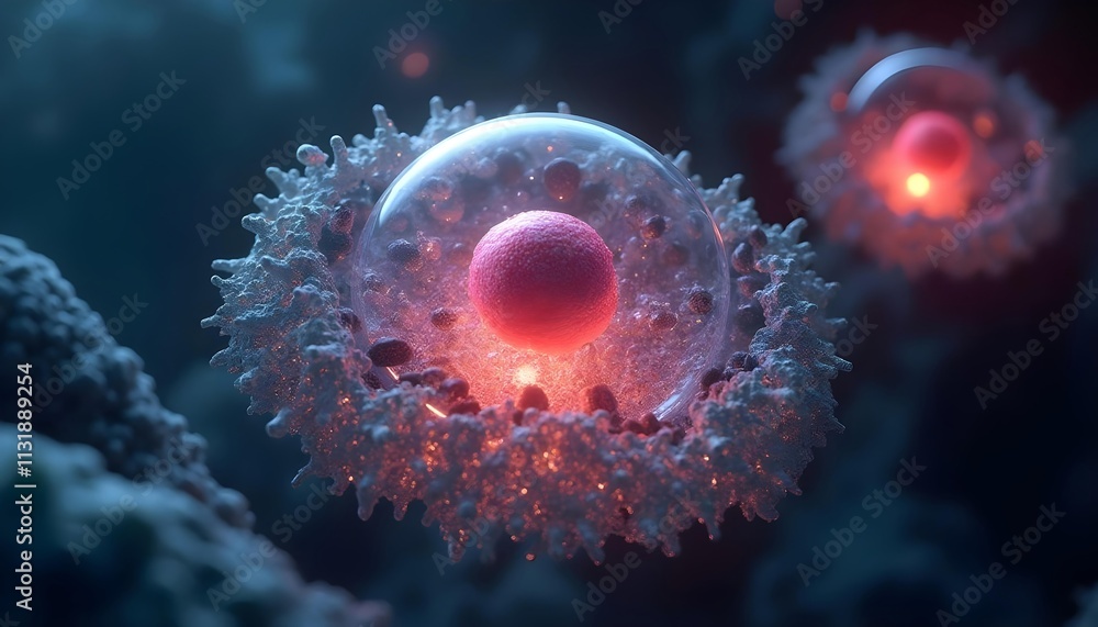 A 3D model of human cells, indicating complex structures and organelles ...