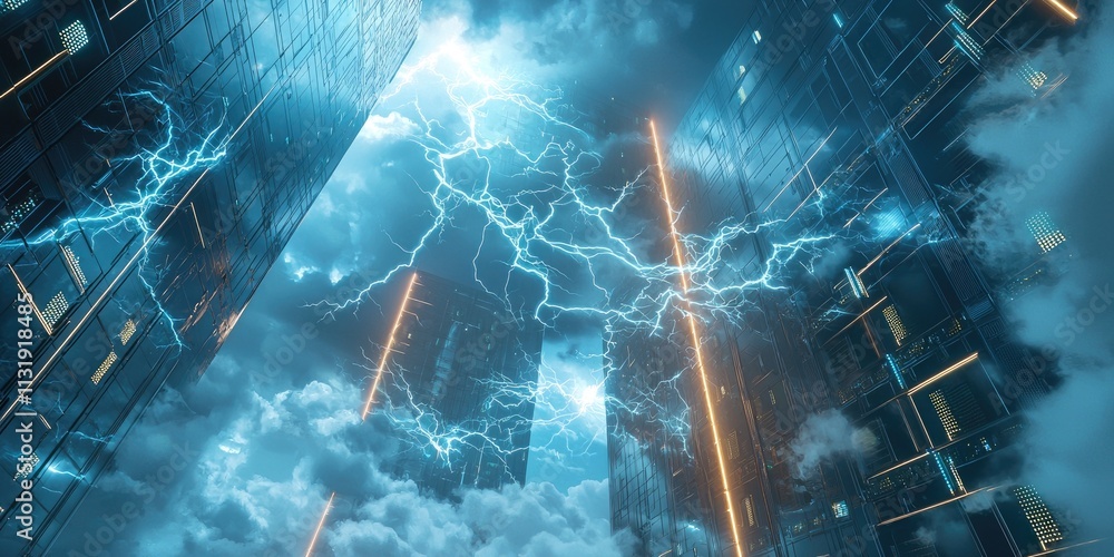 Virtual servers and data centers connected by lightning bolts in a ...