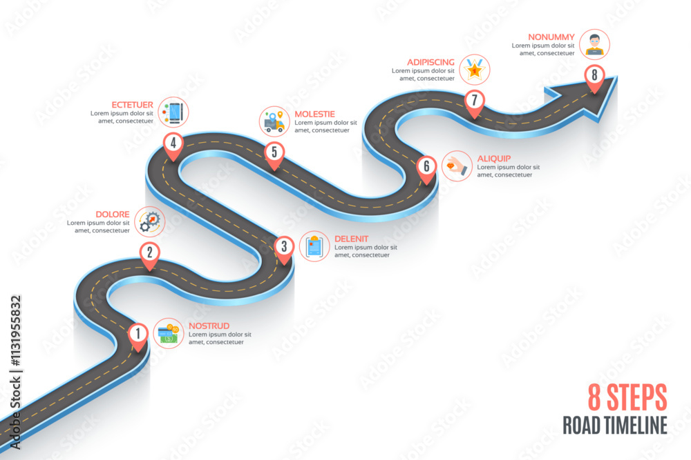Isometric navigation map infographic 8 steps timeline concept. Stock ...