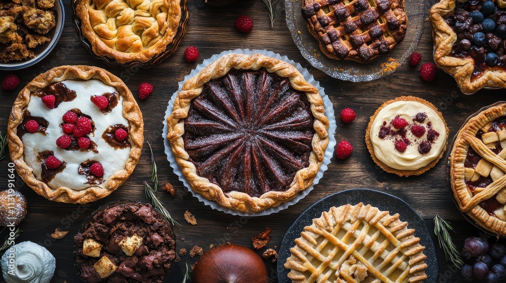 Assorted delicious pies on rustic wood; chocolate, fruit, and cream ...