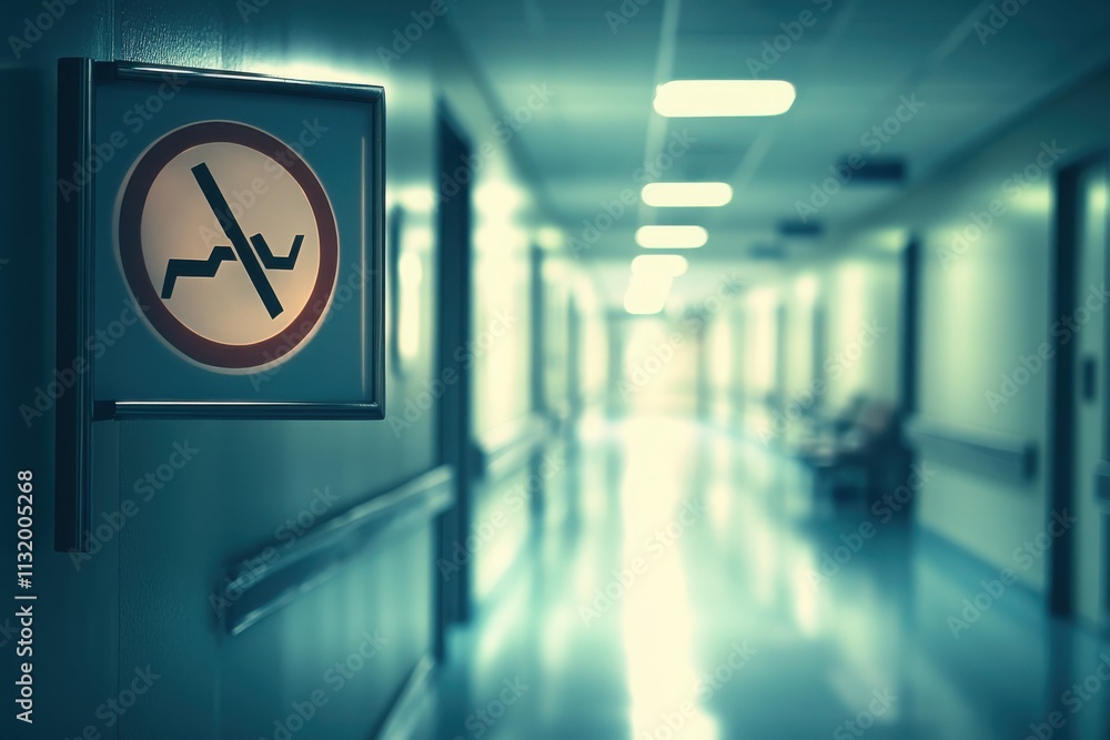 No Smoking Sign in Hospital Corridor with Dim Lighting and Clean Floors ...