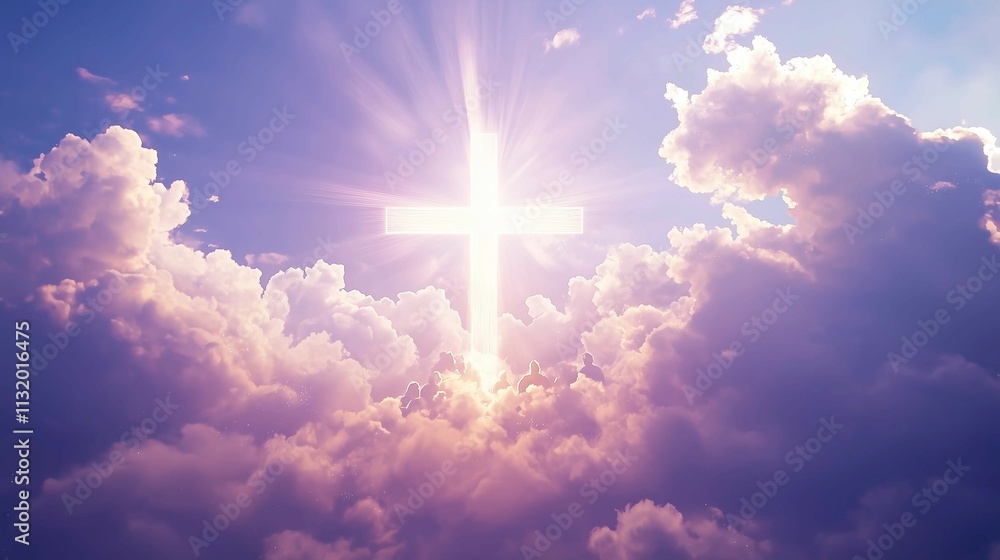 Radiant cross shines in sky,white clouds,hope and transformation,Jesus ...