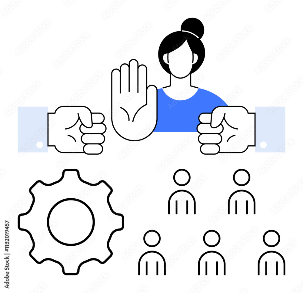 Stop gesture person hands teamwork gear, six people icons. Ideal for ...