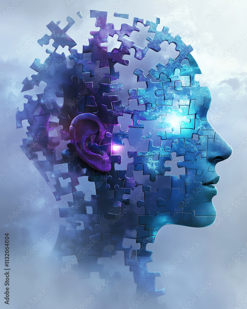 A metaphorical image of a fragmented human head with puzzle pieces ...
