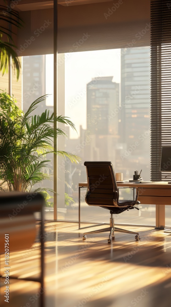 Modern office space featuring sleek furniture, expansive windows, and ...