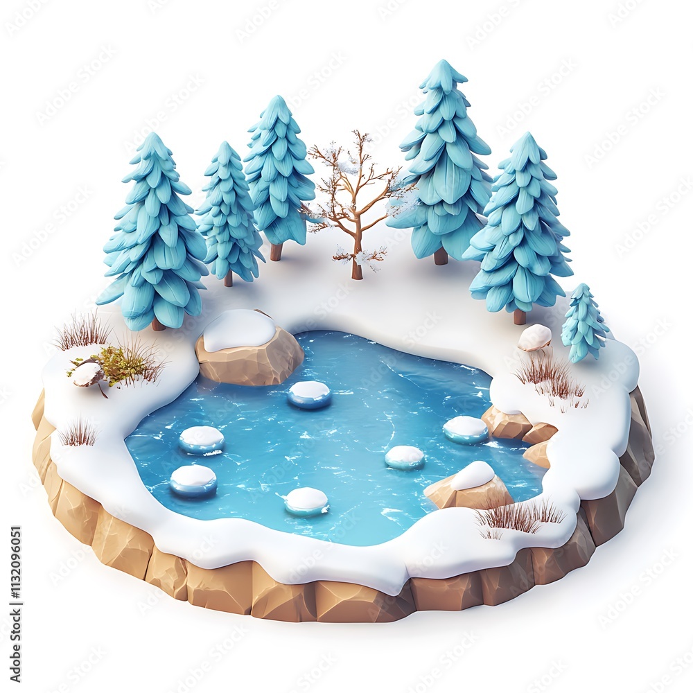 ute clay model of ice and snow, a cartoon pond with trees on the side ...