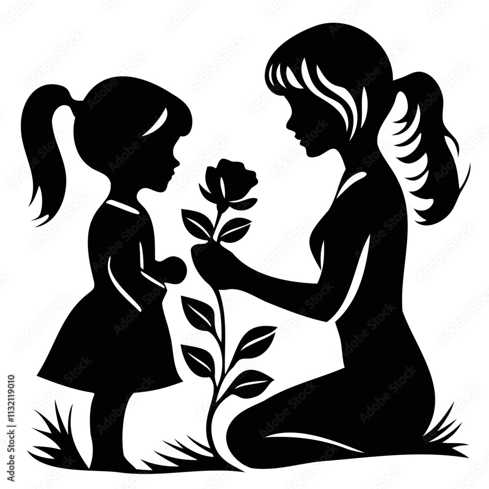 Mother and Daughter Rose Flower Silhouette Vector for Valentine's and ...