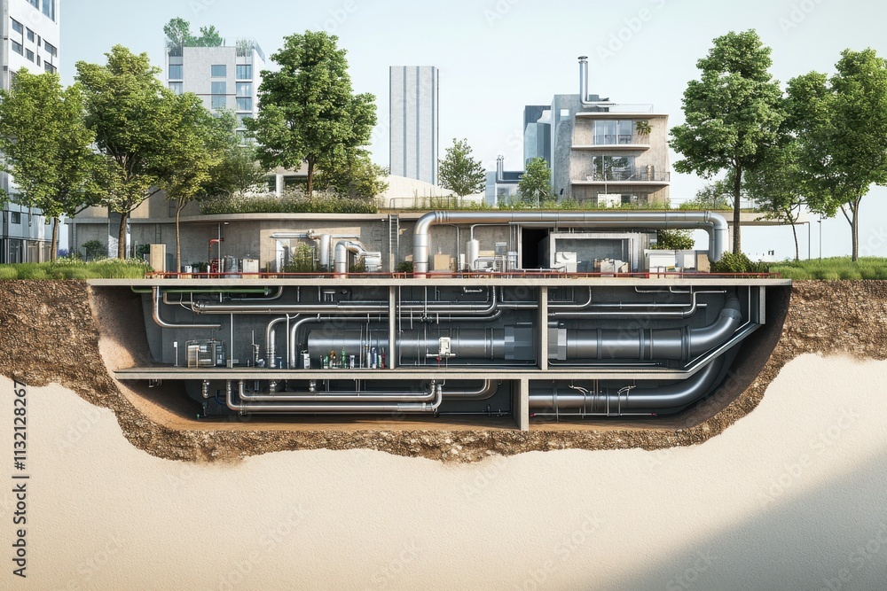Underground plumbing pipe cross-section analysis urban environment ...