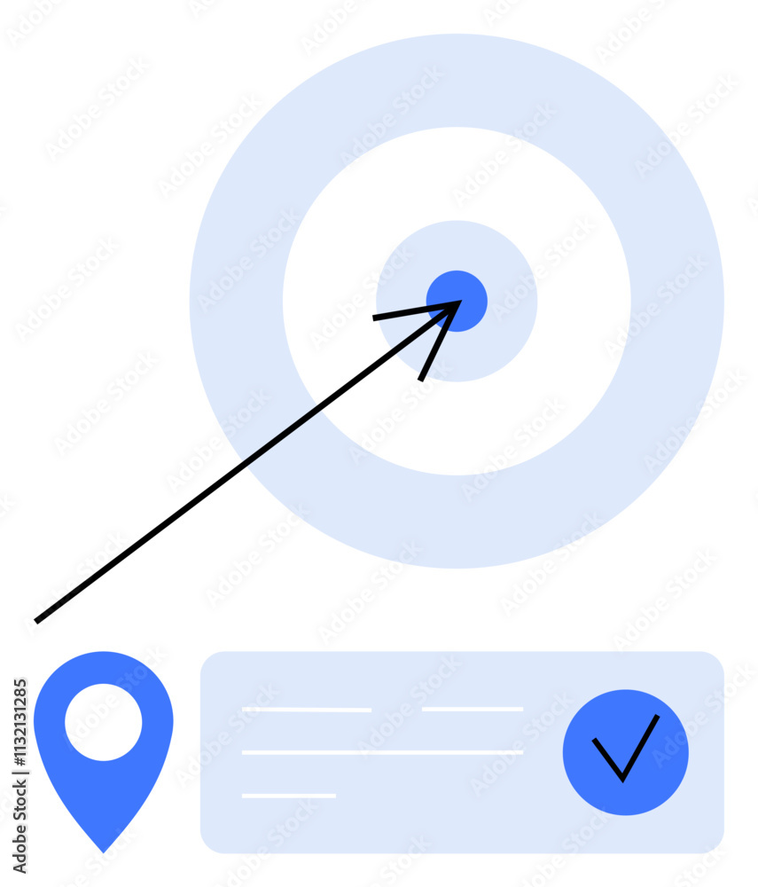 Arrow hitting the center of a bullseye, location pin, checkmark, light ...