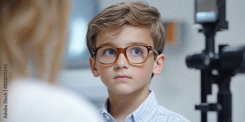 Young boy wearing glasses undergoes an eye test. The vision testing ...