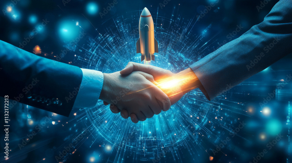 startup business deal concept. illustration of rocket launch and ...