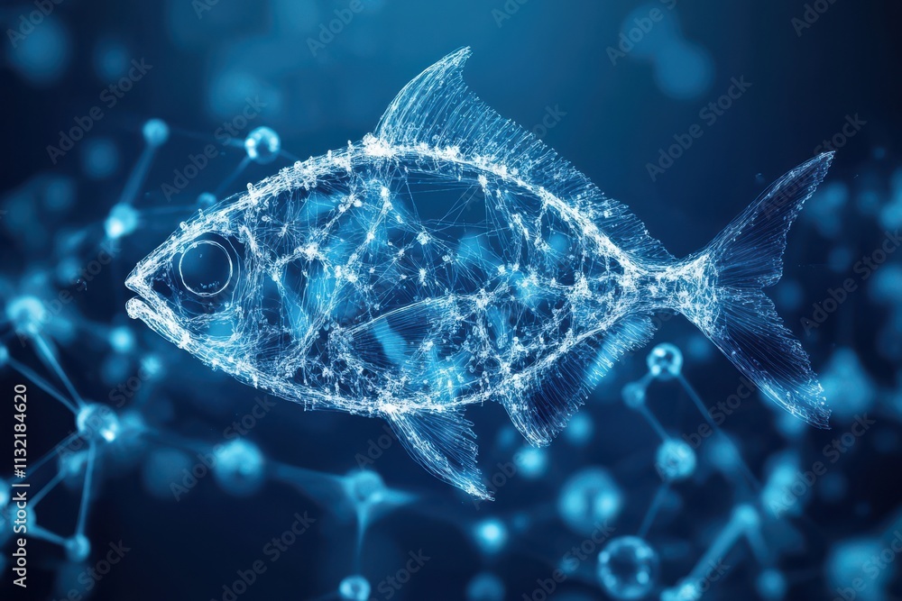 Holographic illustration of a fish composed of glowing digital nodes ...