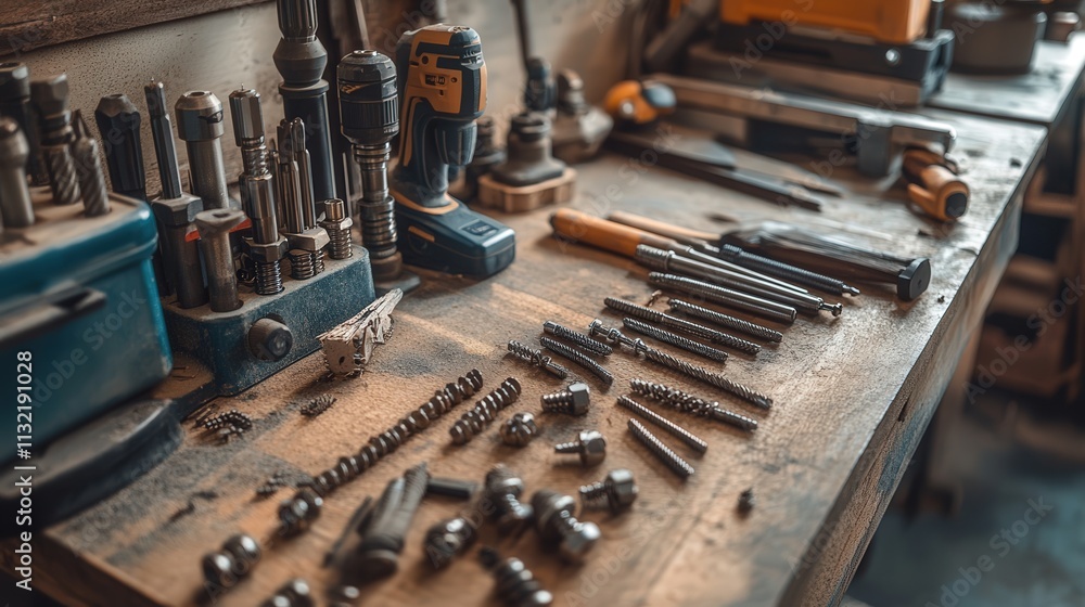 drills and drill bits laid out on a workbench, organized by size and ...