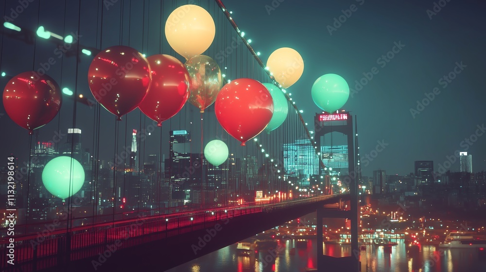 Neon-colored balloons floating over a high-tech cityscape, illuminating ...