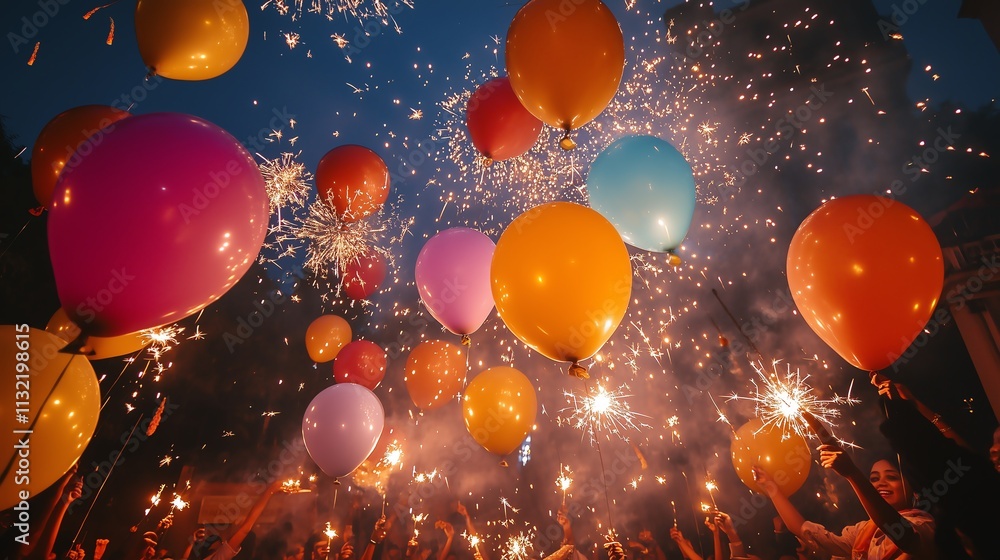 Multicolored balloons soaring above a grand Diwali celebration, people ...
