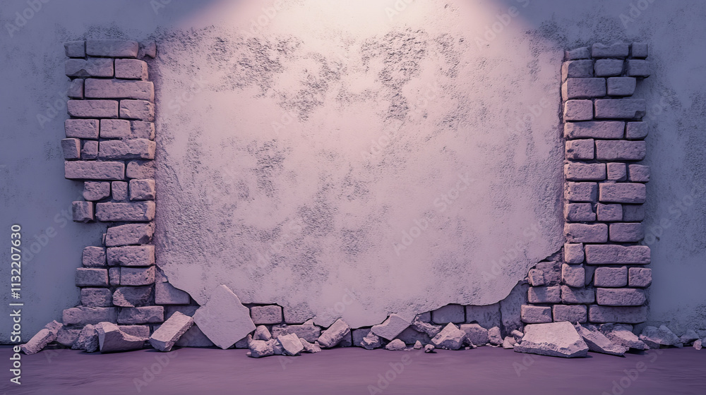 Broken hole in wall, falling concrete and plaster, bricks and building ...