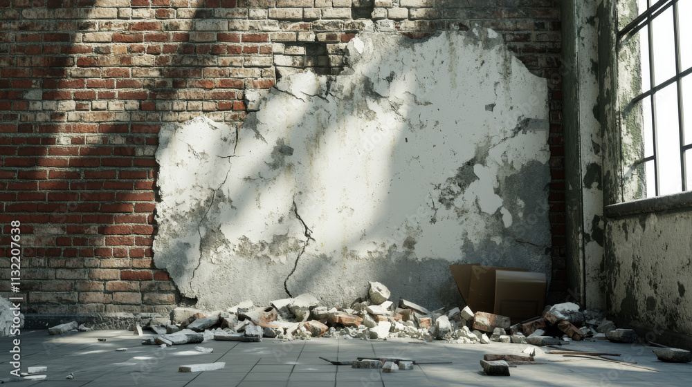 Broken hole in wall, falling concrete and plaster, bricks and building ...