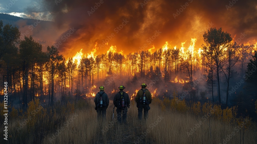 Brave Firefighters Battling Intense Wildfire in Forest Setting with ...