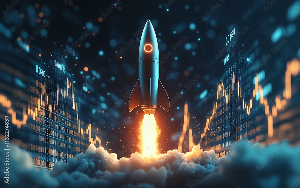 A rocket blasting off in front of a soaring stock chart, symbolizing ...