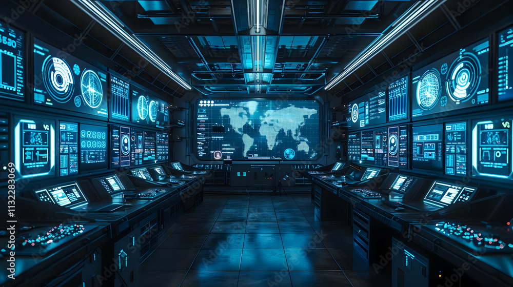 Futuristic Control Room: A 3D Render of a Global Monitoring Station with High-Tech Interfaces ...