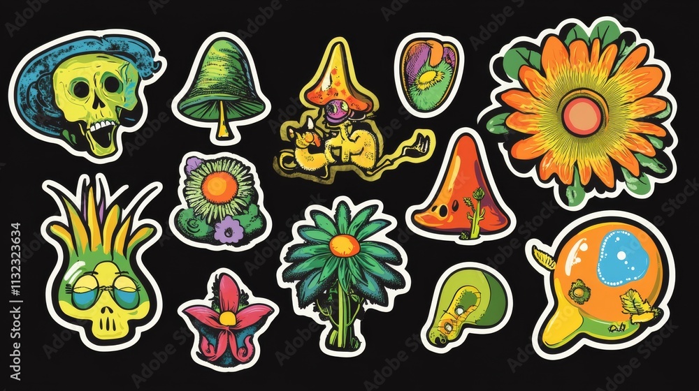 Cartoon groovy stickers 70s. Cute retro characters. Hippie style, set ...