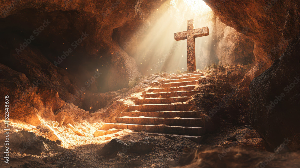 Emotional depiction of an empty tomb with radiant light and a cross symbolizing hope and ...