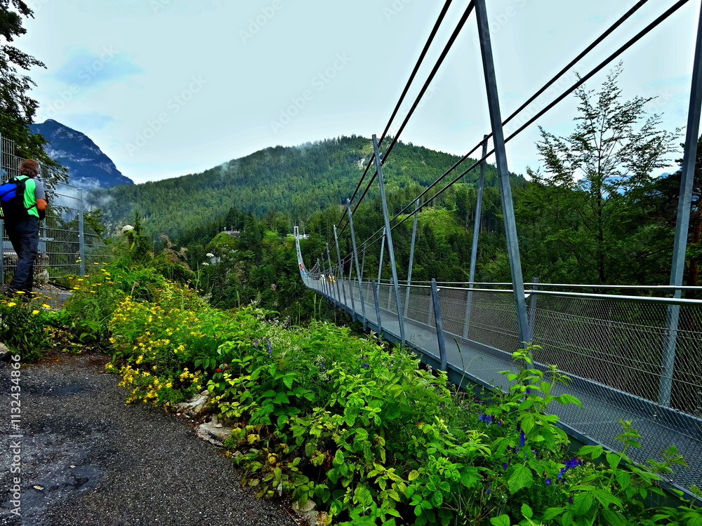 Austrian Alps-view of the rope footbridge near Reutte in the Lechtal ...