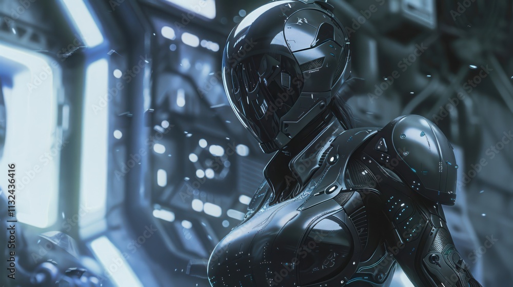 Futuristic female warrior in high-tech armor, poised for battle in a ...